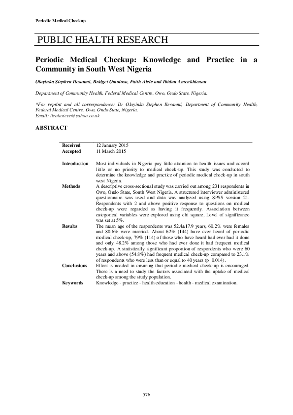 (PDF) Periodic Medical Checkup: Knowledge and Practice in a Community ...