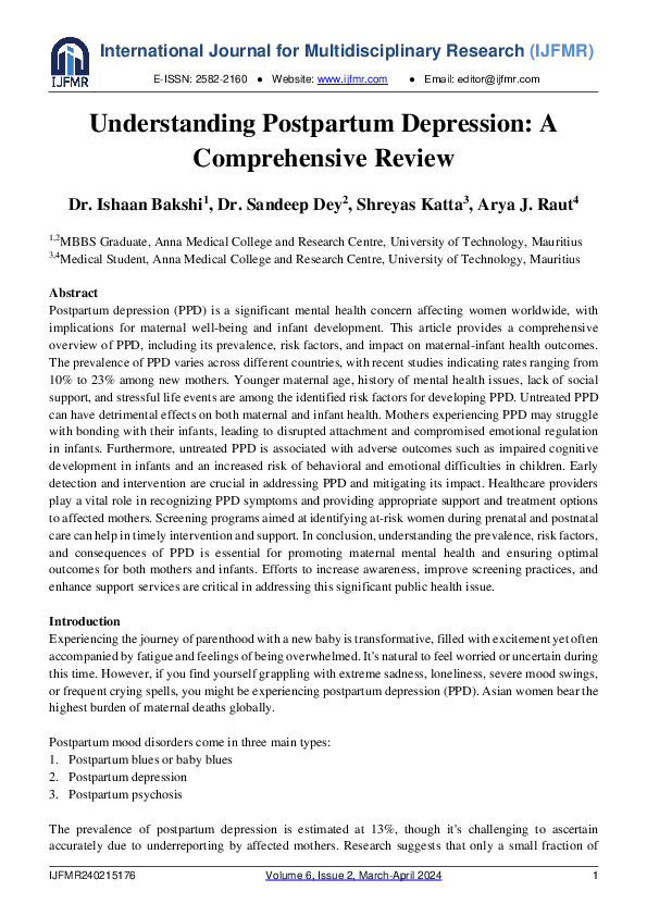 Understanding Postpartum Depression: A Comprehensive Review