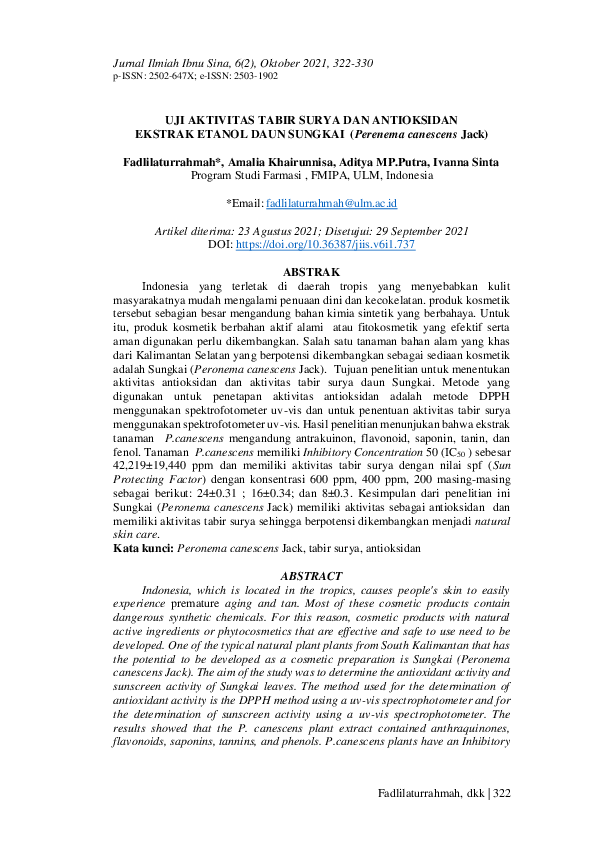 (PDF) UJI AKTIVITAS TABIR SURYA DAN ANTIOKSIDAN EKSTRAK ETANOL DAUN SUNGKAI (Perenema canescens ...