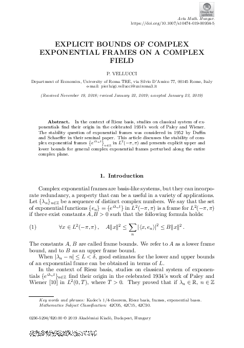 (PDF) Explicit bounds of complex exponential frames on a complex field