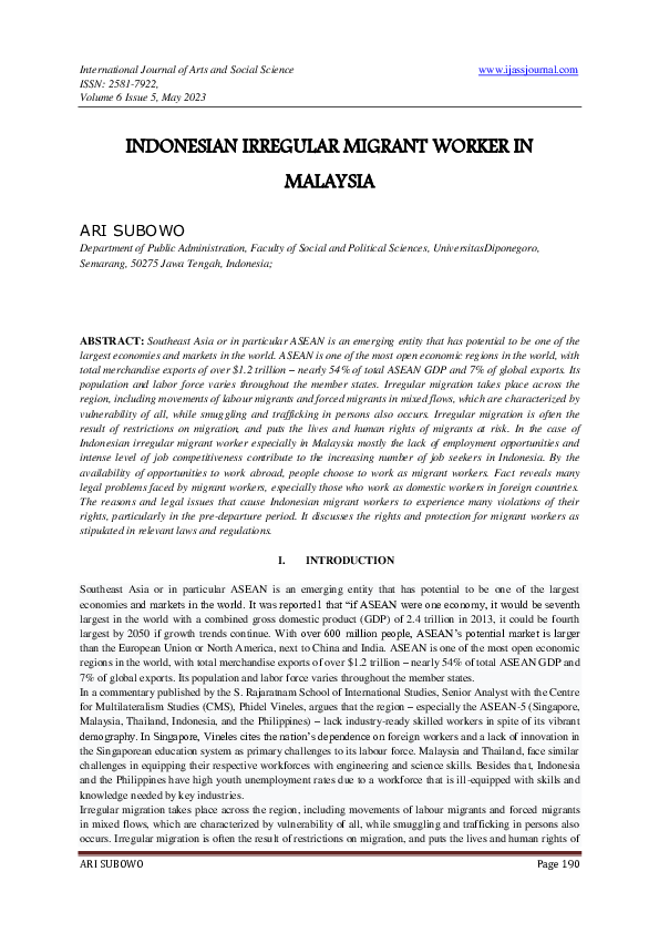 (PDF) INDONESIAN IRREGULAR MIGRANT WORKER IN MALAYSIA