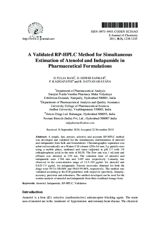 Pdf A Validated Rp Hplc Method For Simultaneous Estimation Of Atenolol And Indapamide In
