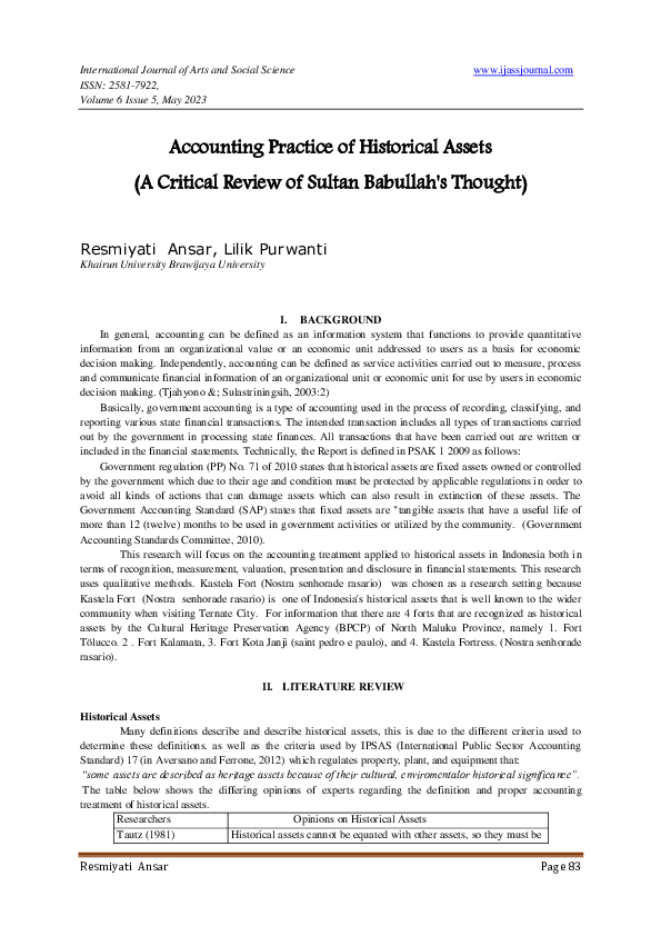 (PDF) Accounting Practice of Historical Assets (A Critical Review of Sultan Babullah's Thought