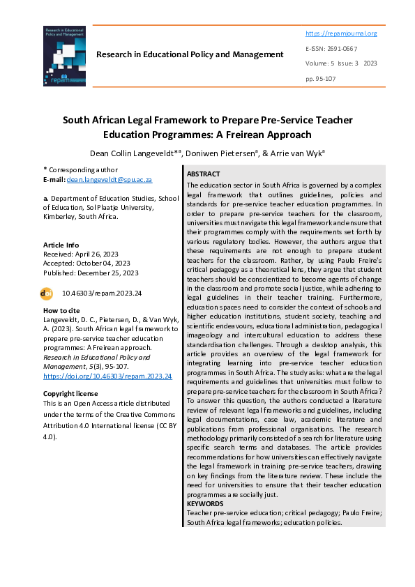 (PDF) South African Legal Framework to Prepare Pre-Service Teacher ...