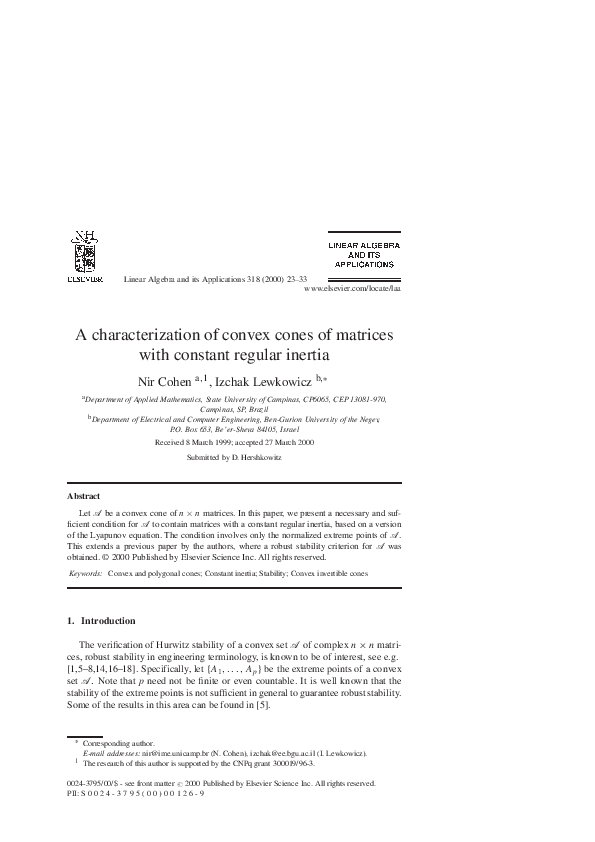 (PDF) A characterization of convex cones of matrices with constant ...