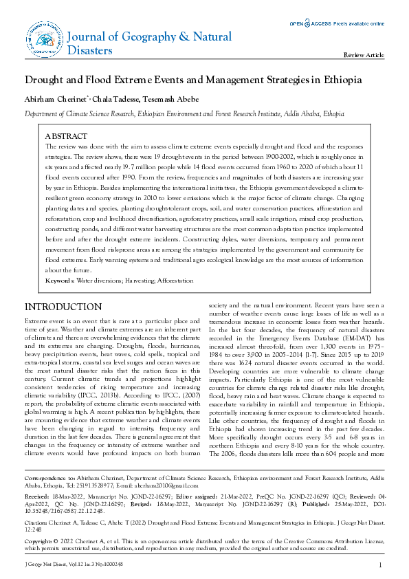 (PDF) Drought and Flood Extreme Events and Management Strategies in Ethiopia