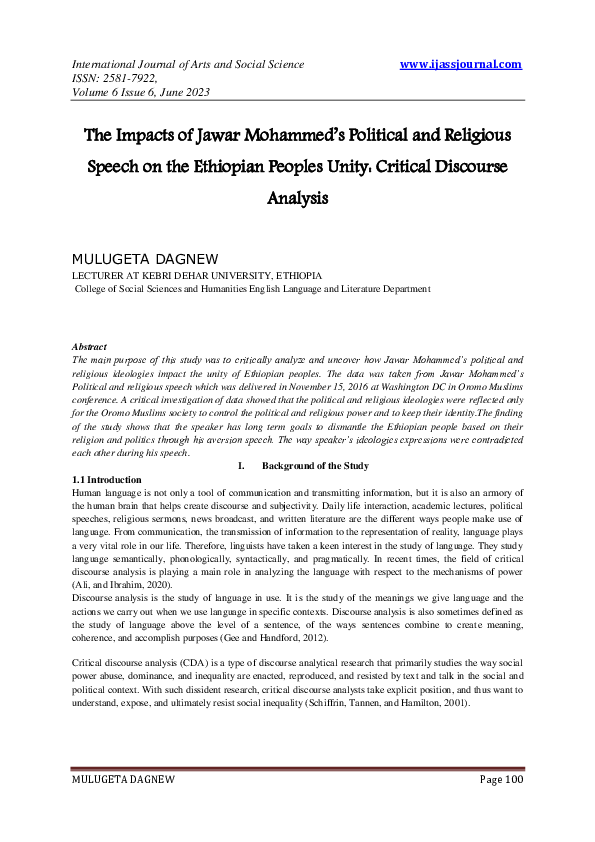 (PDF) The Impacts of Jawar Mohammed's Political and Religious Speech on the Ethiopian Peoples ...