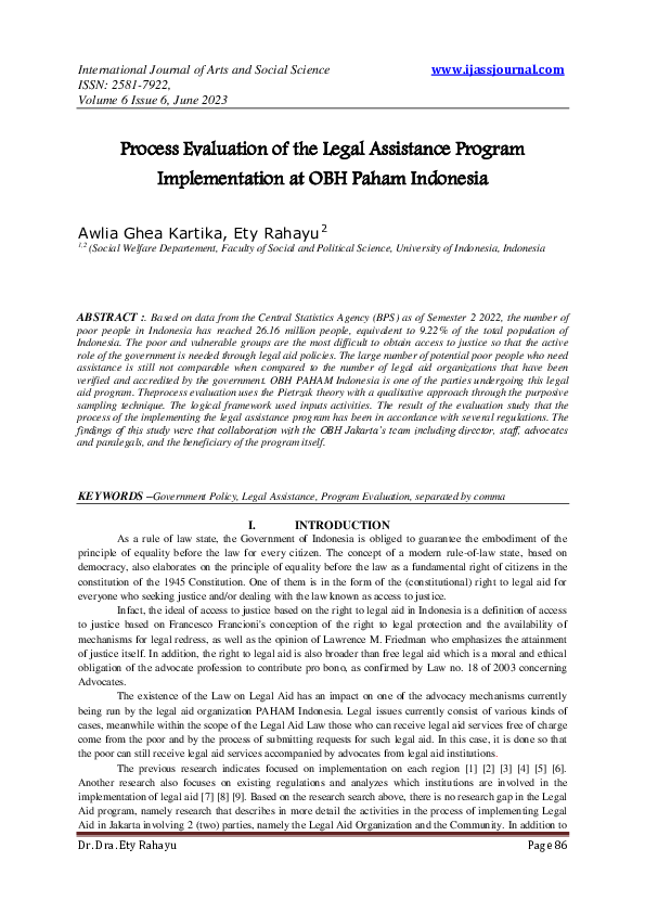 (PDF) Process Evaluation of the Legal Assistance Program Implementation at OBH Paham Indonesia