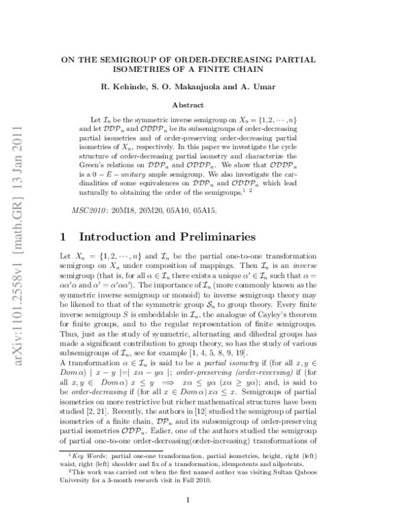 (PDF) On the Semigroup of Order-Decreasing Partial Isometries of a Finite Chain