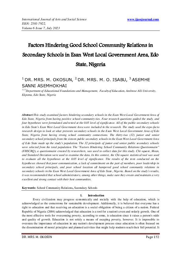 (PDF) Factors Hindering Good School Community Relations in Secondary ...