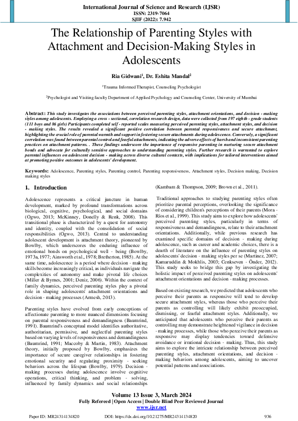 (PDF) The Relationship of Parenting Styles with Attachment and Decision-Making Styles in Adolescents