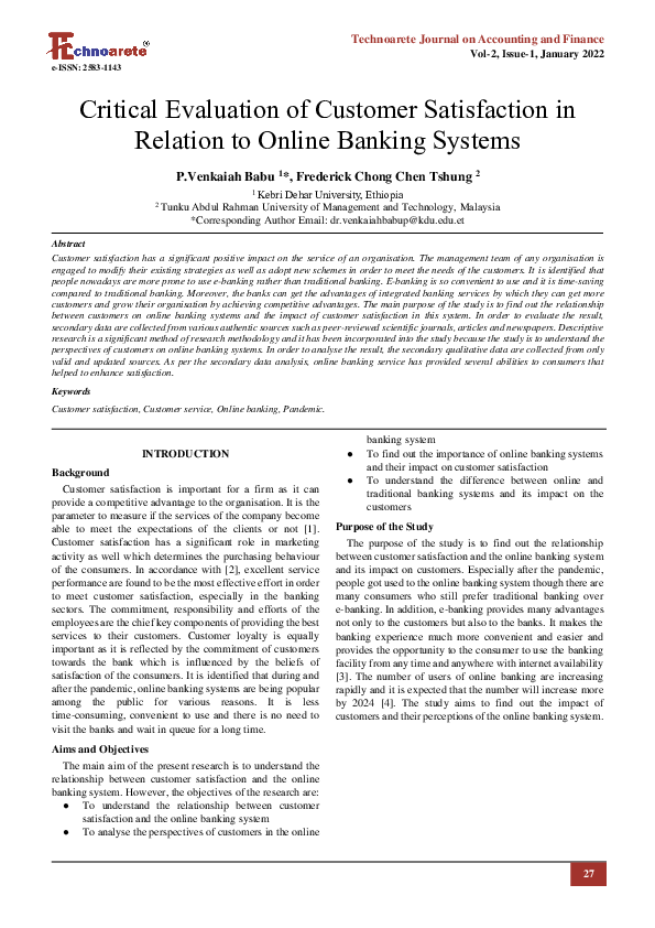 (PDF) Critical Evaluation of Customer Satisfaction in Relation to Online Banking Systems