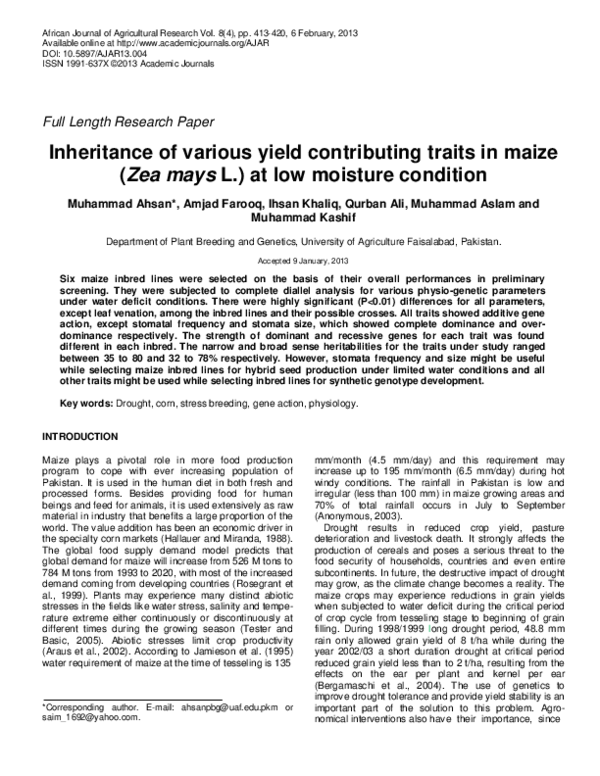 Pdf Inheritance Of Various Yield Contributing Traits In Maize Zea