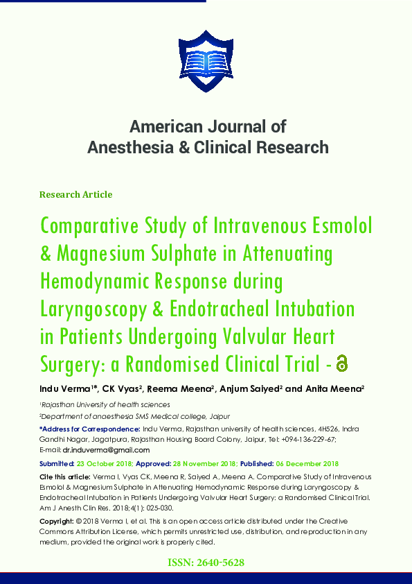 Comparative Study of Intravenous Esmolol & Magnesium Sulphate in ...