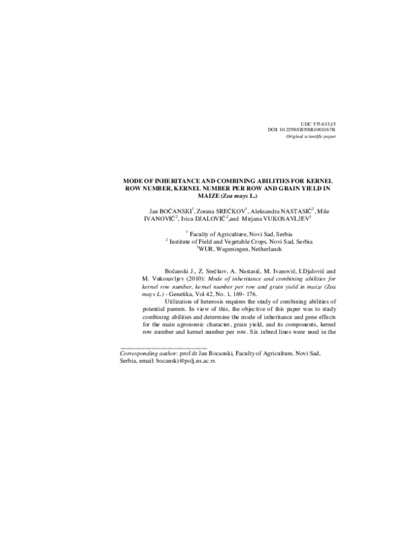 Pdf Mode Of Inheritance And Combining Abilities For Kernel Row Number