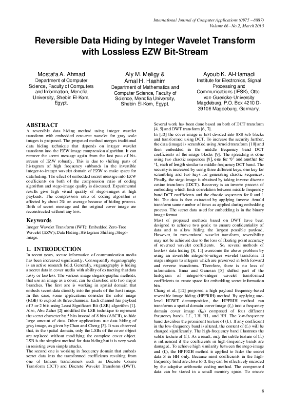 Pdf Reversible Data Hiding By Integer Wavelet Transform With Lossless Ezw Bit Stream Mostafa