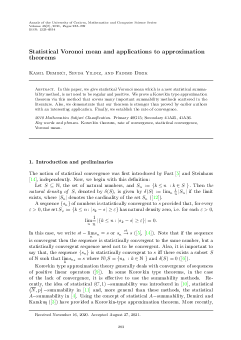 Pdf Statistical Voronoi Mean And Applications To Approximation Theorems