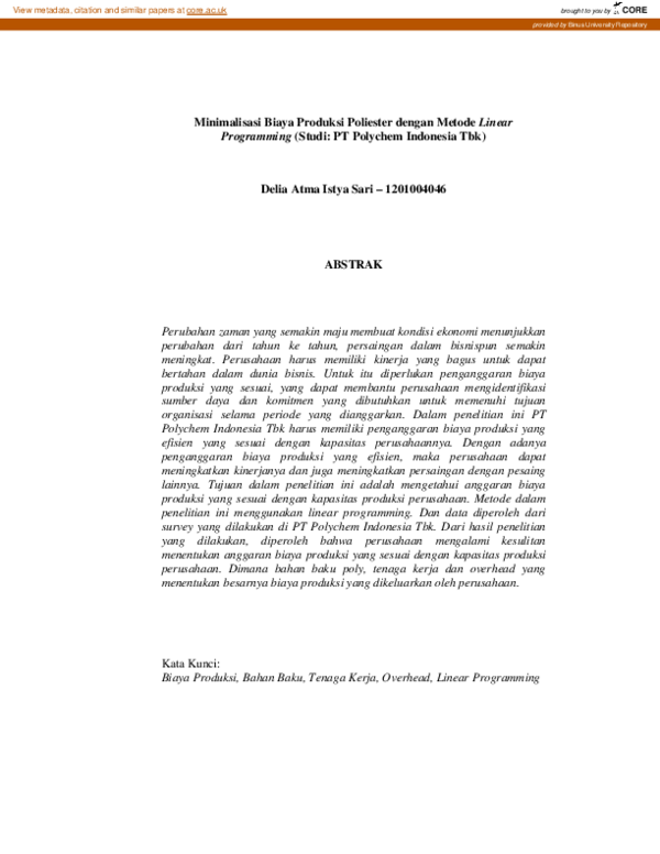 (PDF) Minimalisasi Biaya Produksi Poliester Dengan Metode Linear Programming (Studi : Pt ...