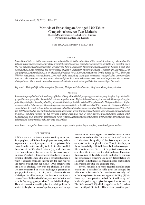 (PDF) Methods of Expanding an Abridged Life Tables: Comparison between ...