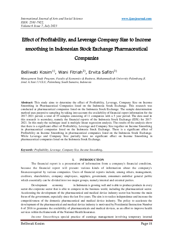 (PDF) Effect of Profitability, and Leverage Company Size to Income smoothing in Indonesian Stock ...