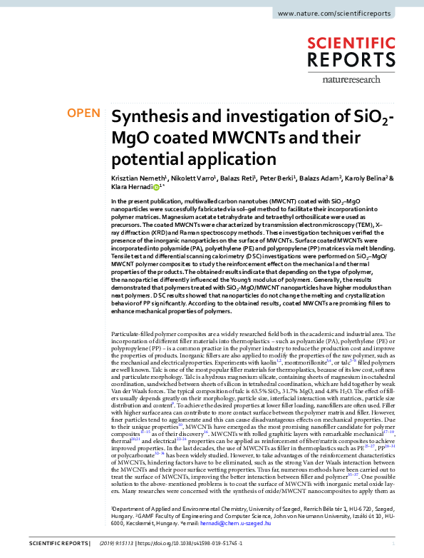 (PDF) Synthesis and investigation of SiO2-MgO coated MWCNTs and their potential application