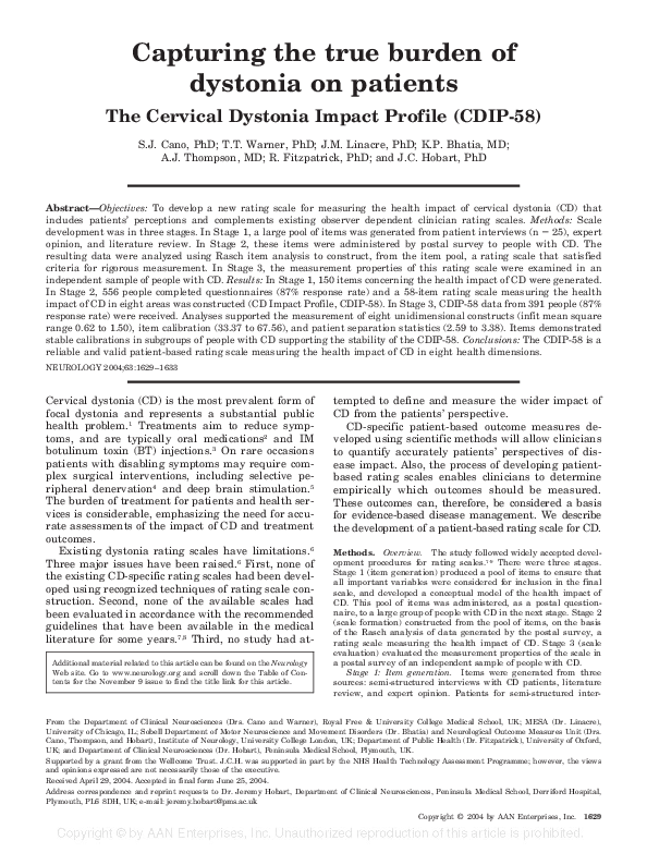 (PDF) Capturing the true burden of dystonia on patients: The Cervical Dystonia Impact Profile ...