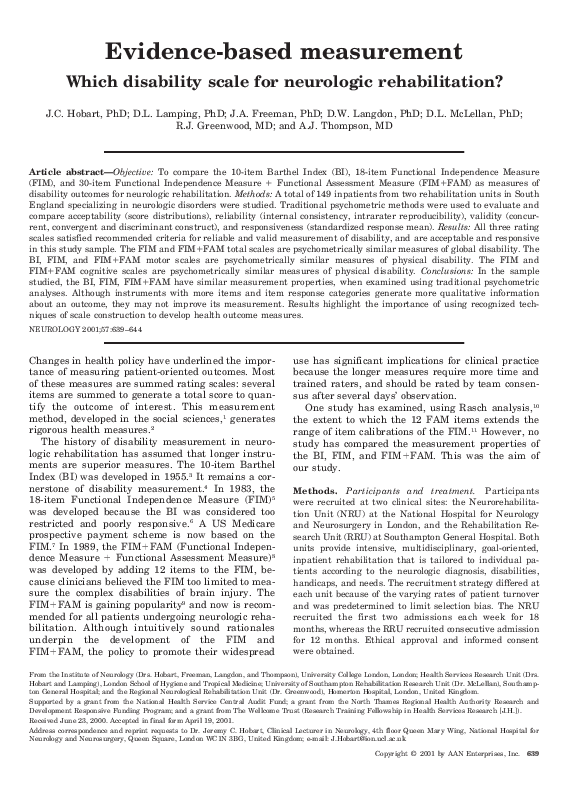 (PDF) Evidence-based measurement: Which disability scale for neurologic ...