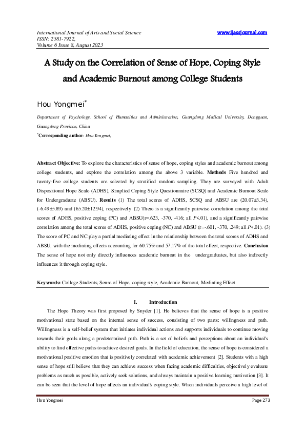 (PDF) A Study on the Correlation of Sense of Hope, Coping Style and ...