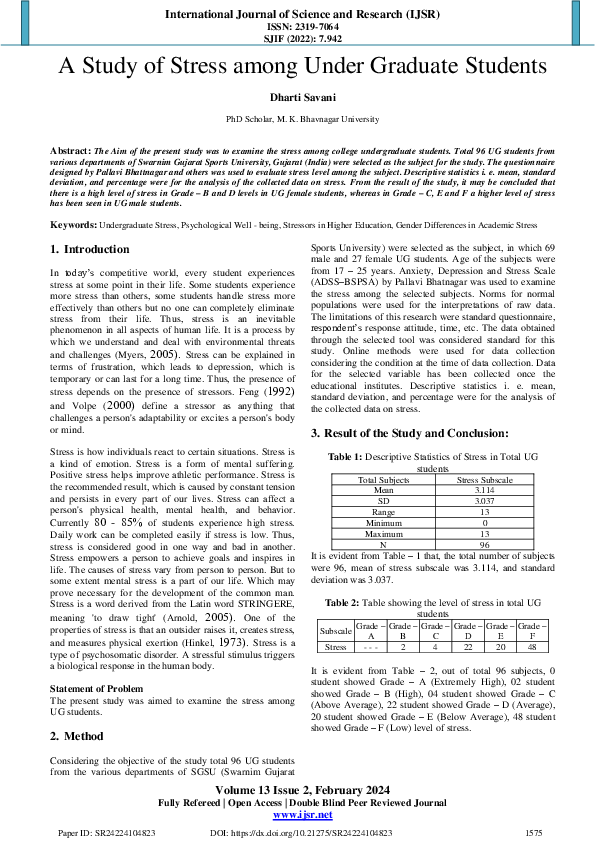 (PDF) A Study of Stress among Under Graduate Students