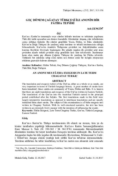 (PDF) GEÇ DÖNEM ÇAĞATAY TÜRKÇESİ İLE ANONİM BİR FÂTİHA TEFSİRİ - AN ...