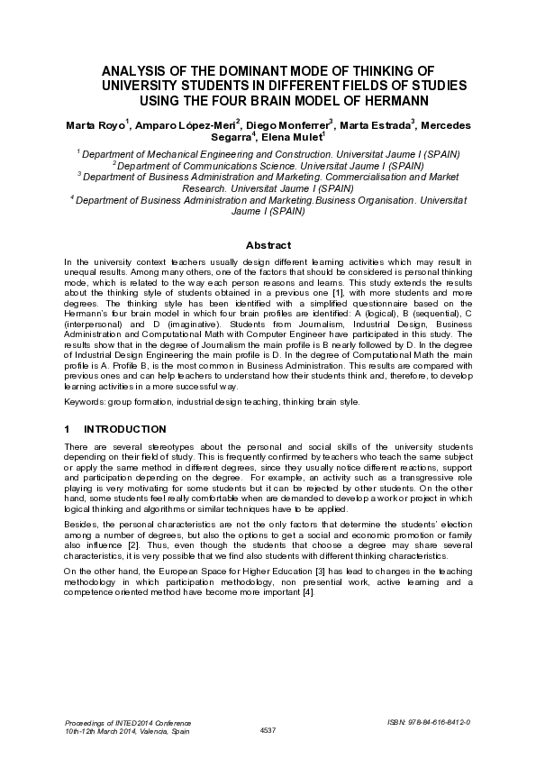 (PDF) Analysis of the Dominant Mode of Thinking of University Students ...