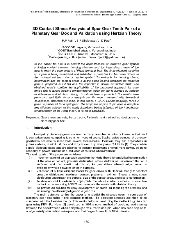(PDF) 3D Contact Stress Analysis of Spur Gear Teeth Pair of a Planetary Gear Box and Validation ...