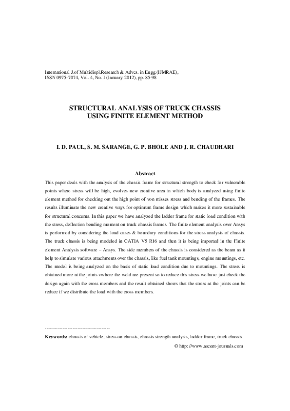 Pdf Structural Analysis Of Truck Chassis Using Finite Element Method