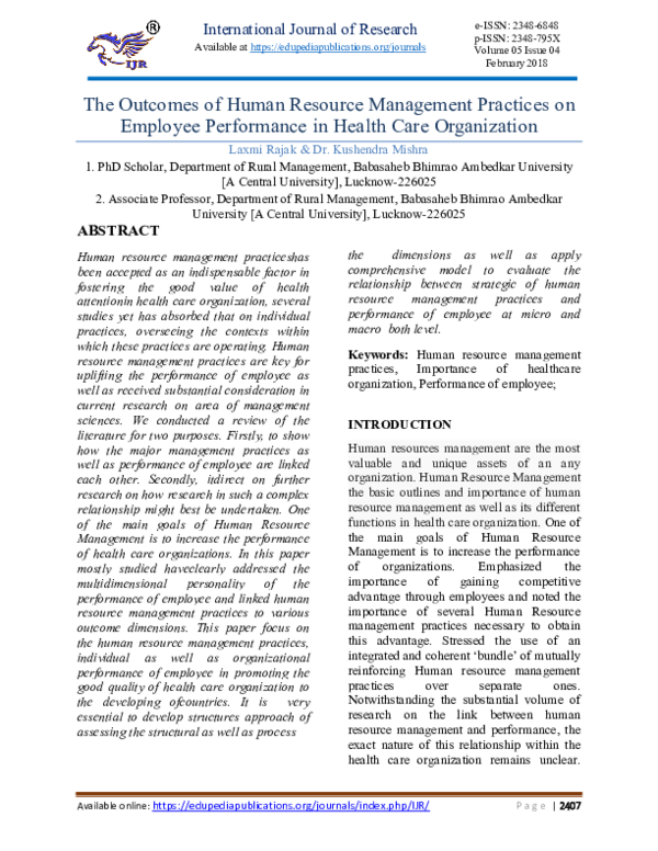 (PDF) The Outcomes of Human Resource Management Practices on Employee Performance in Health Care ...