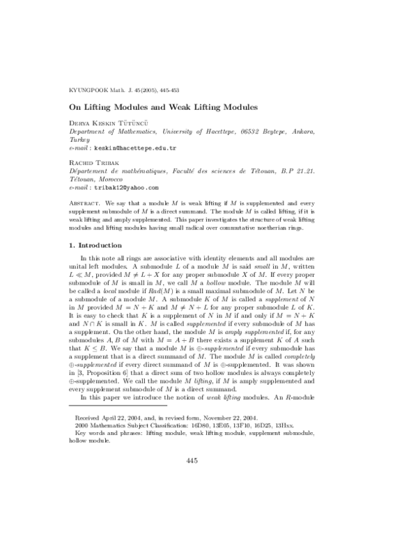 (PDF) On Lifting Modules and Weak Lifting Modules