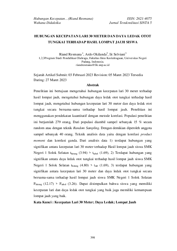 (PDF) Hubungan Kecepatan Lari 30 Meter Dan Daya Ledak Otot Tungkai ...