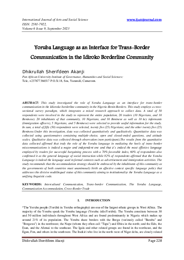 (PDF) Yoruba Language as an Interface for Trans-Border Communication in ...