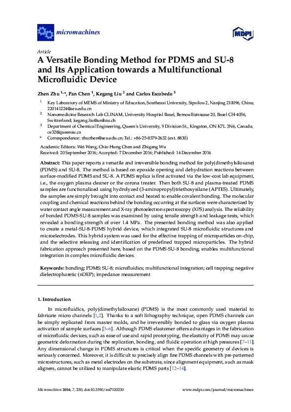 (PDF) A Versatile Bonding Method for PDMS and SU-8 and Its Application towards a Multifunctional ...