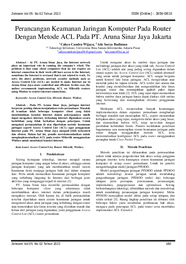 (PDF) Perancangan Keamanan Jaringan Komputer Pada Router Dengan Metode ACL Pada PT. Aruna Sinar ...