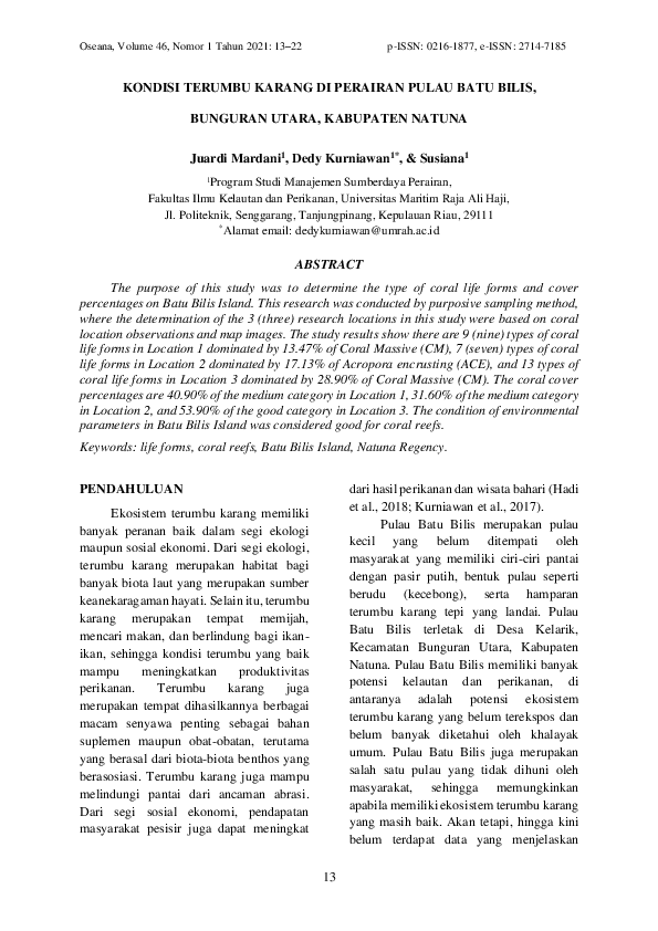(PDF) Kondisi Terumbu Karang DI Perairan Pulau Batu Bilis, Bunguran ...