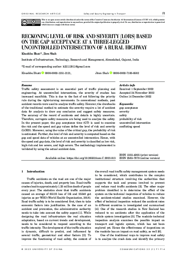 Pdf Reckoning Level Of Risk And Severity Lors Based On The Gap Acceptance At A Three Legged