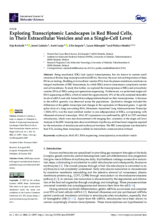 (PDF) Exploring Transcriptomic Landscapes in Red Blood Cells, in Their Extracellular Vesicles ...