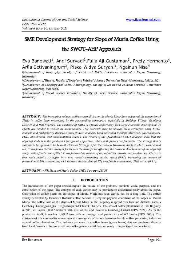 (PDF) SME Development Strategy for Slope of Muria Coffee Using the SWOT ...