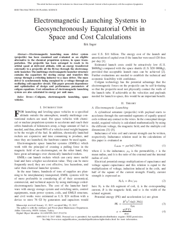 (PDF) Electromagnetic Launching Systems to Geosynchronously Equatorial Orbit in Space and Cost ...