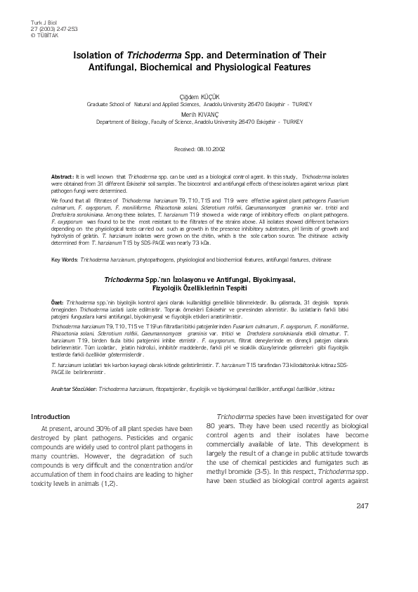 Pdf Isolation Of Trichoderma Spp And Determination Of Their Antifungal Biochemical And