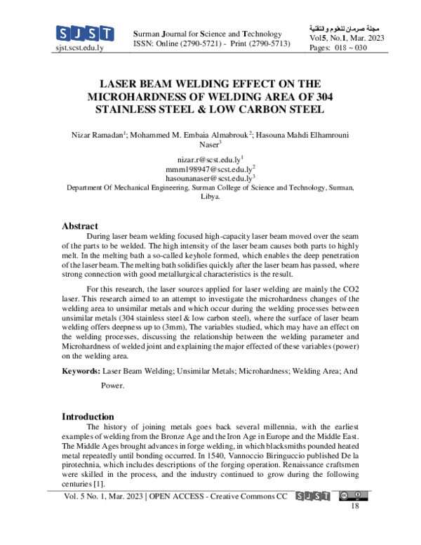 Pdf Laser Beam Welding Effect On The Microhardness Of Welding Area Of 304 Stainless Steel