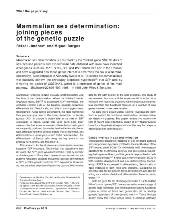 Pdf Mammalian Sex Determination Joining Pieces Of The Genetic Puzzle 0447