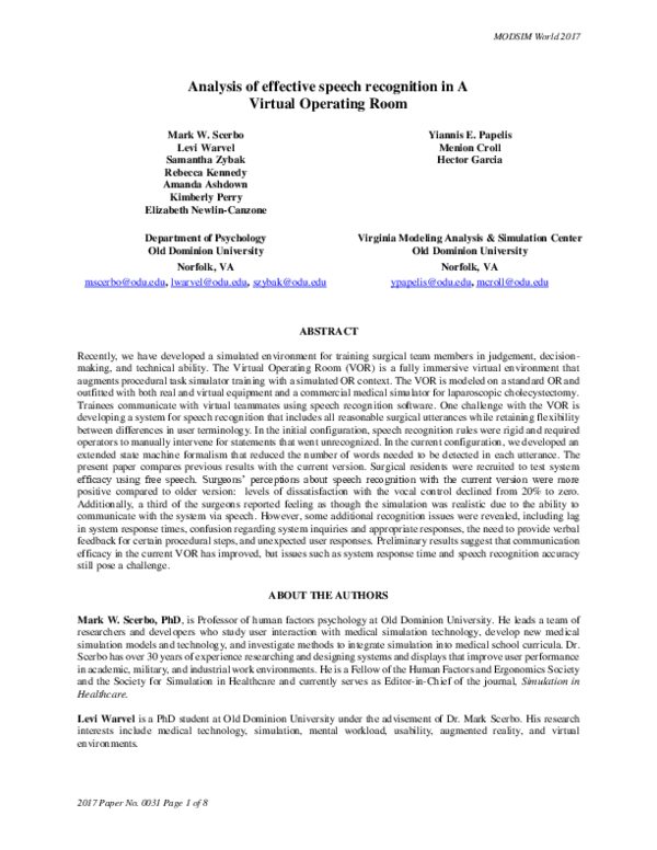 (PDF) Analysis of effective speech recognition in A Virtual Operating Room
