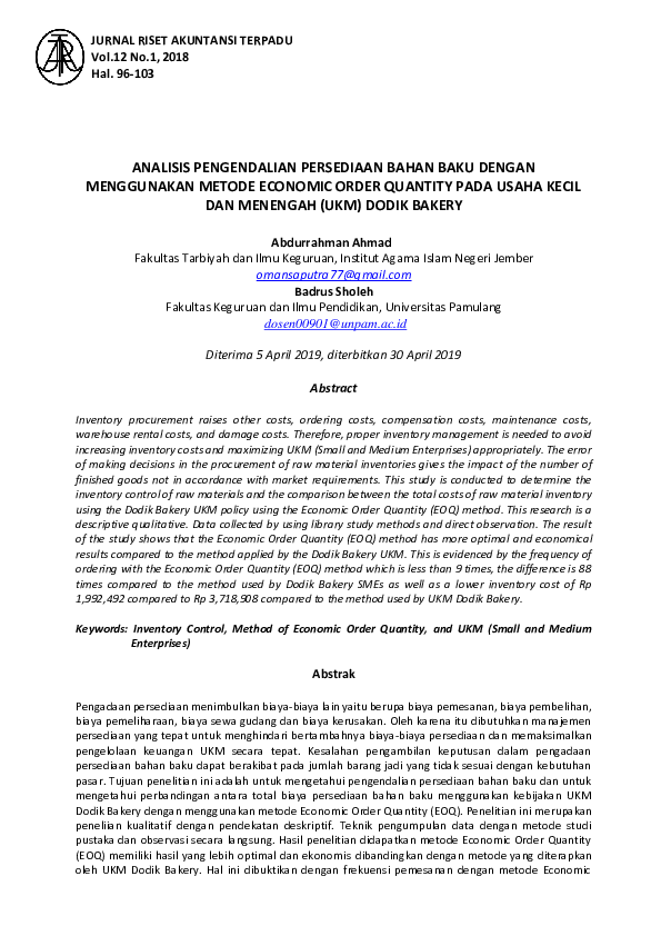 (PDF) Analisis Pengendalian Persediaan Bahan Baku Dengan Menggunakan Metode Economic Order ...