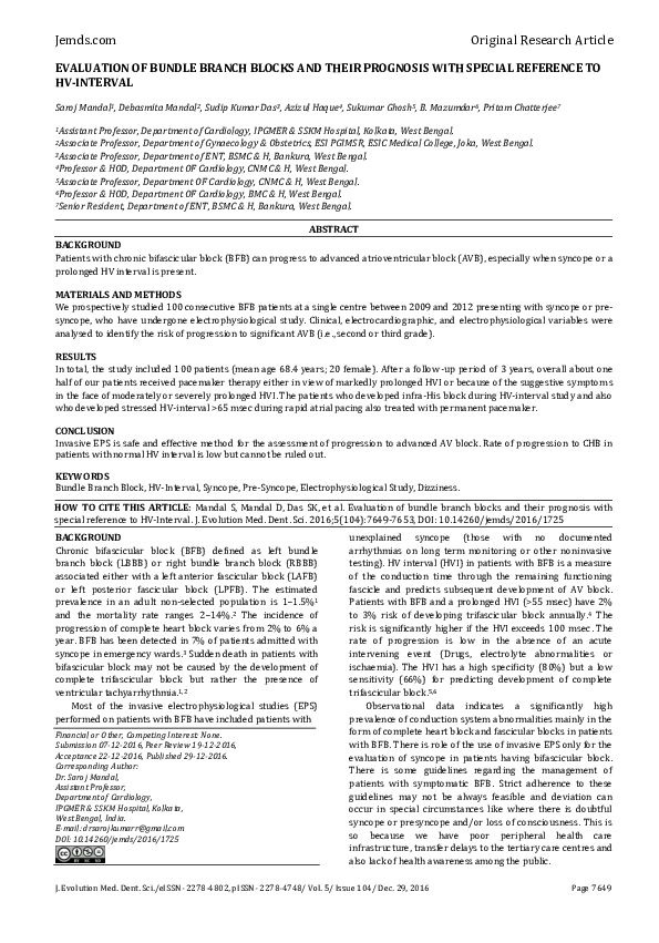 (PDF) Evaluation of Bundle Branch Blocks and Their Prognosis with ...